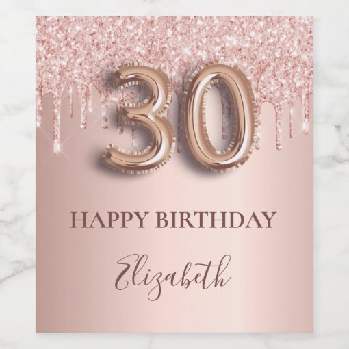 30th Birthday Rose Gold Glitter Pink Balloon Style Wine Label Zazzle