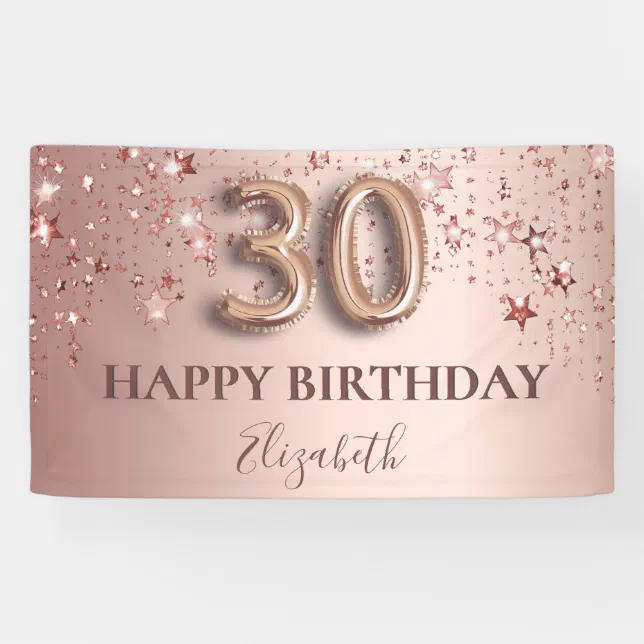 30th birthday rose gold pink stars balloon script banner | Zazzle