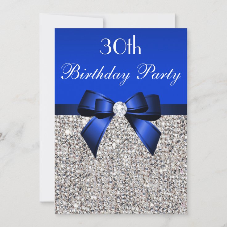 30th Birthday Royal Blue Bow Silver Sequins Invitation | Zazzle