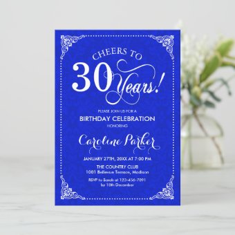 30th Birthday - Royal Blue White Damask Invitation | Zazzle