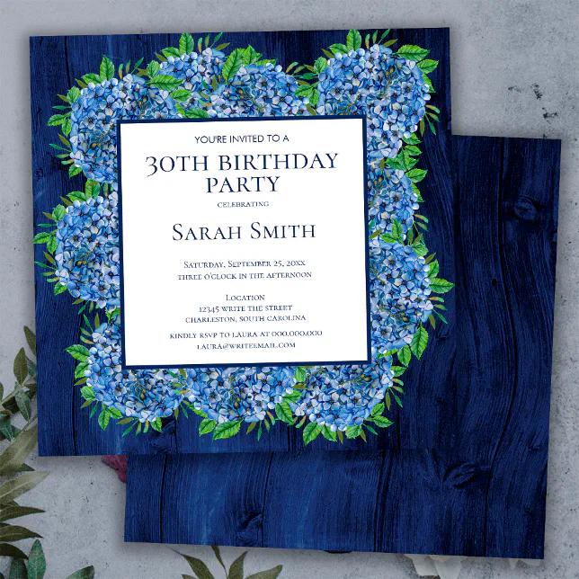 30th Birthday Rustic Wood Blue Hydrangeas Party Invitation | Zazzle