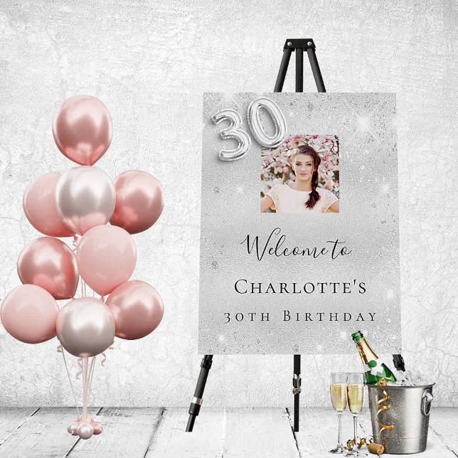 30th birthday silver glitter photo welcome foam board | Zazzle