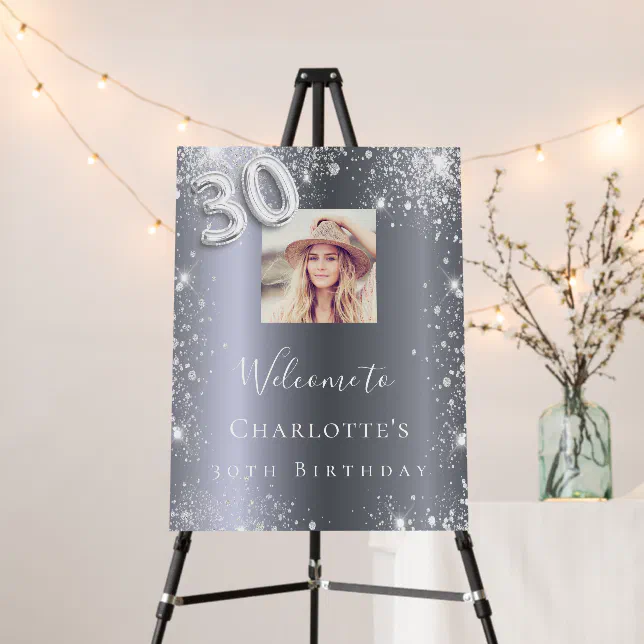 30th birthday silver glitter photo welcome foam board | Zazzle