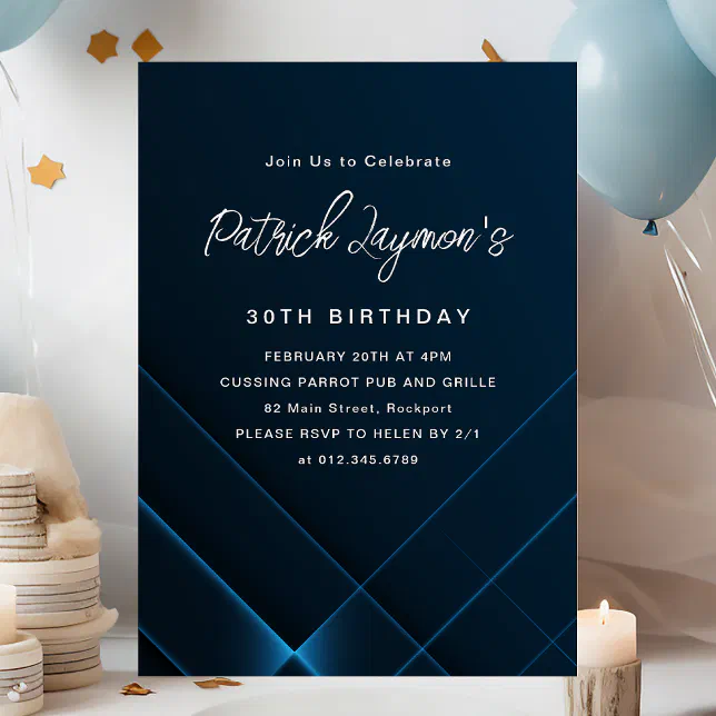 30th Birthday Simple Modern Dark Blue Geometric Invitation | Zazzle