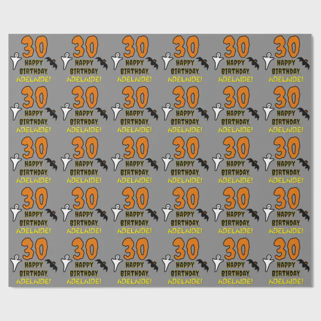 30th Birthday: Spooky Halloween Theme, Custom Name Wrapping Paper | Zazzle