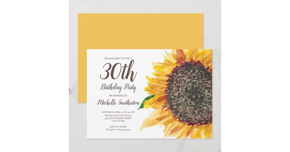 30th Birthday Women Yellow Brown Sunflower Invitation | Zazzle