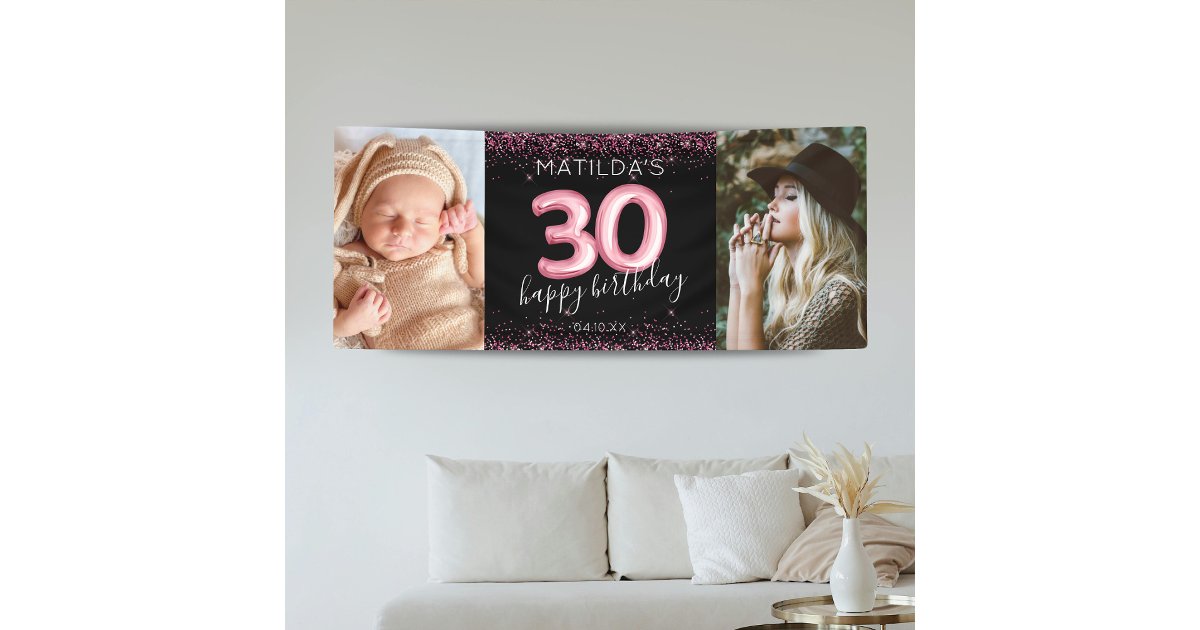 30th Black Pink Happy Birthday Photo Banner | Zazzle