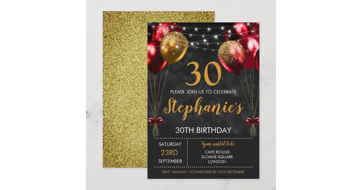 30th Invite Red Black Gold birthday Invitation | Zazzle