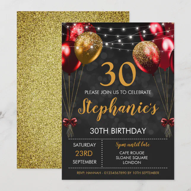 30th Invite Red Black Gold birthday Invitation | Zazzle