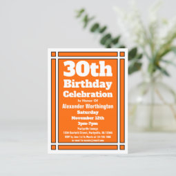 30th Orange Simple Birthday Invitation Postcard | Zazzle