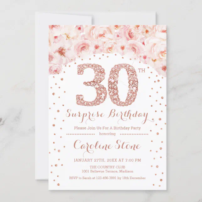 30th Surprise Birthday Party - White Rose Gold Invitation | Zazzle