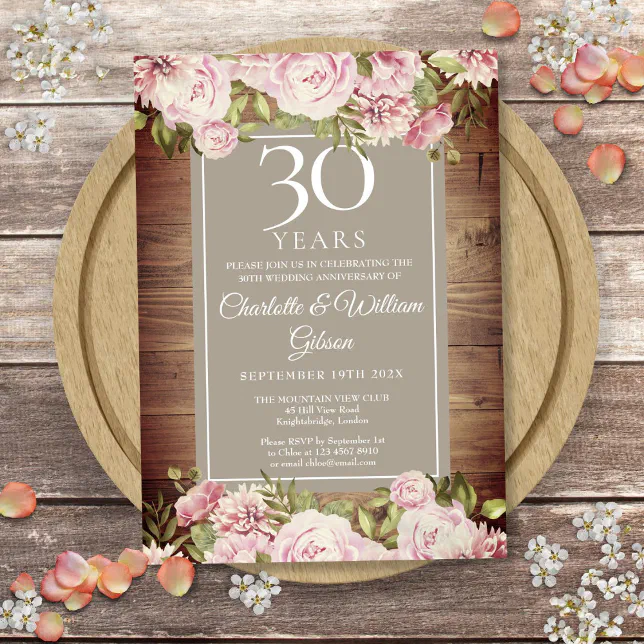 30th Wedding Anniversary Boho Rustic Roses Floral Invitation | Zazzle