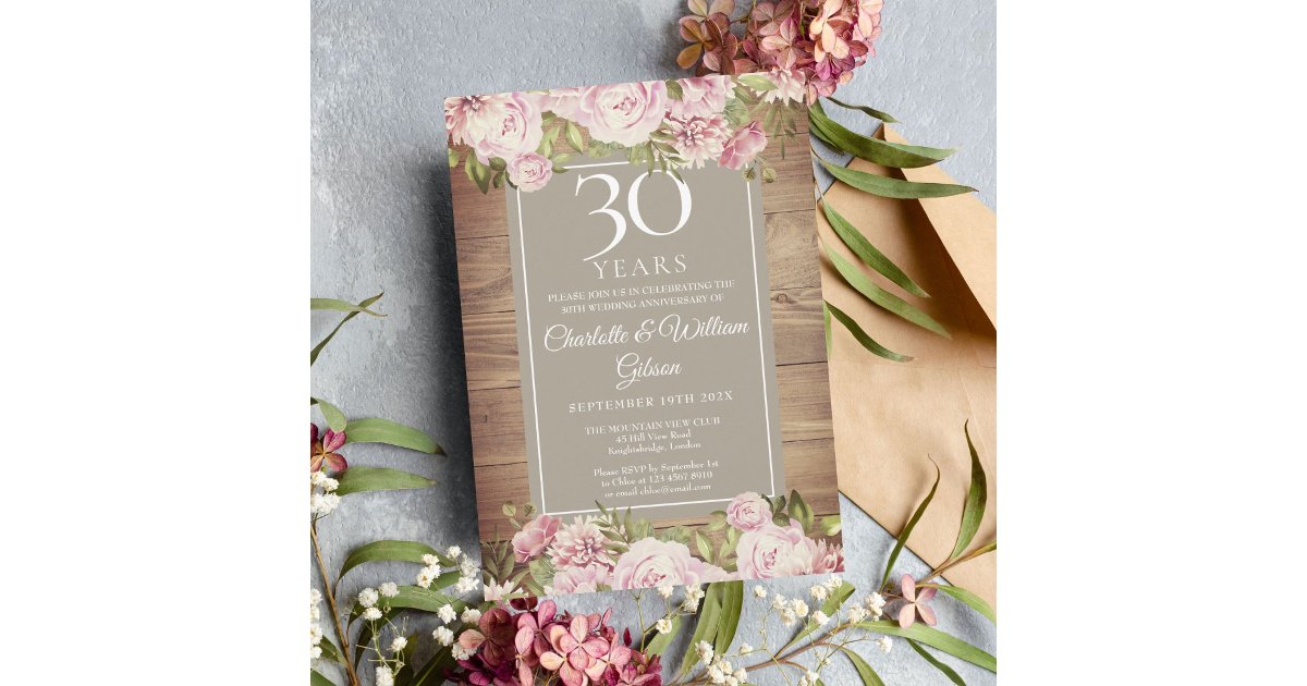 30th Wedding Anniversary Boho Rustic Roses Invitation | Zazzle