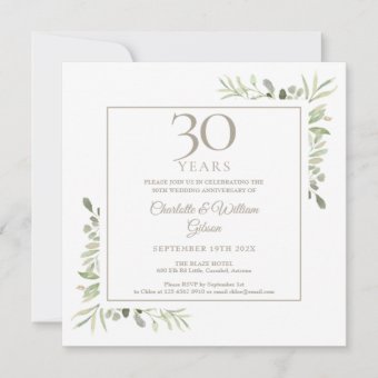 30th Wedding Anniversary Pearl Greenery Floral Invitation | Zazzle