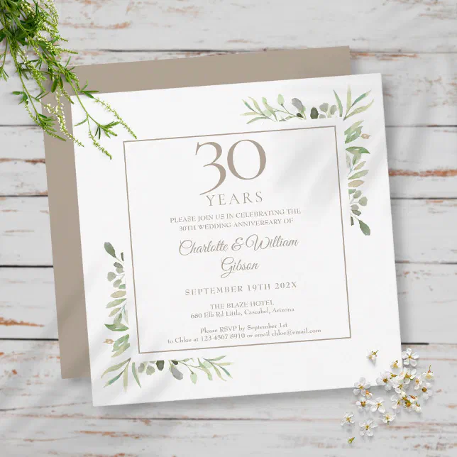30th Wedding Anniversary Pearl Greenery Floral Invitation | Zazzle