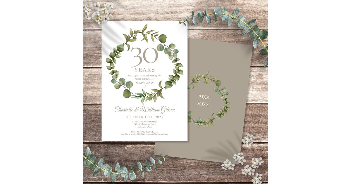 30th Wedding Anniversary Pearl Greenery Garland Invitation | Zazzle