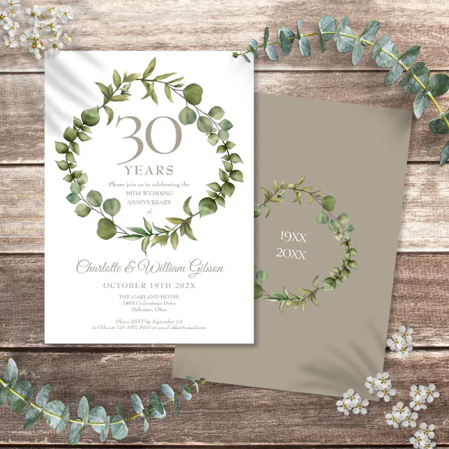 30th Wedding Anniversary Pearl Greenery Garland Invitation | Zazzle