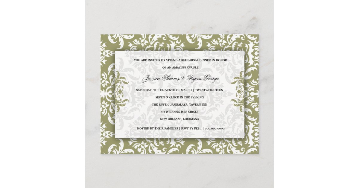 311 Emmy Damask Moss Invitation Postcard | Zazzle