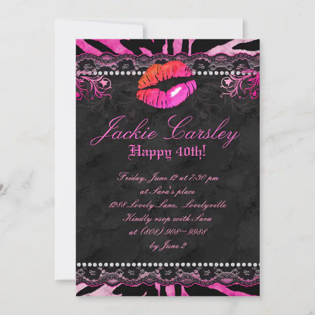 311 Lace Diamonds Birthday Party Zebra Pink Lips Invitation | Zazzle