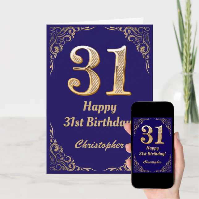 31st Birthday Navy Blue and Gold Glitter Frame Card | Zazzle