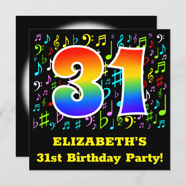 31st Birthday Party: Fun Music Symbols, Rainbow 31 Invitation | Zazzle