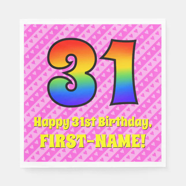 31st Birthday: Pink Stripes & Hearts, Rainbow # 31 Napkins | Zazzle