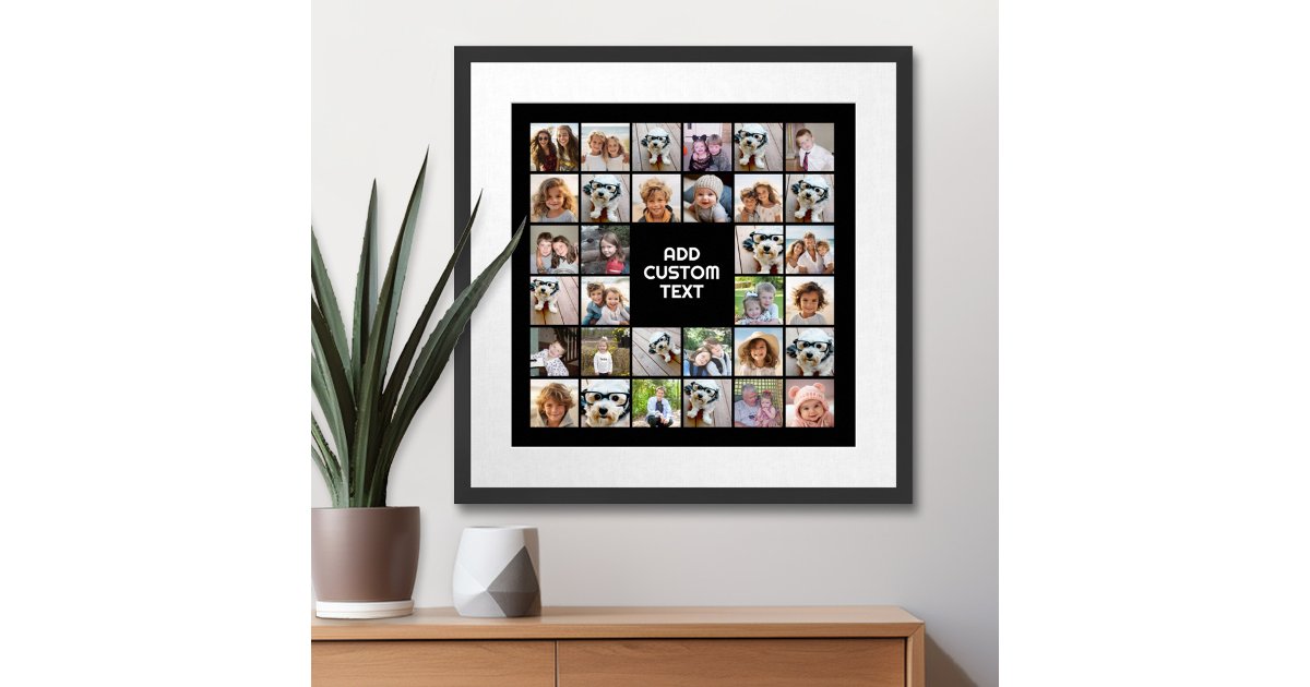 32 Photo Collage Modern Square Black - White Text Poster | Zazzle