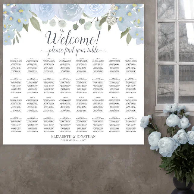 32 Table Dusty Blue Boho Chic Floral Seating Chart | Zazzle