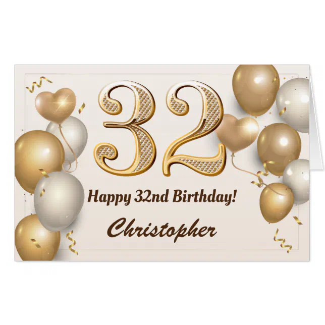 32nd Birthday Gold Balloons Confetti Extra Large Card | Zazzle