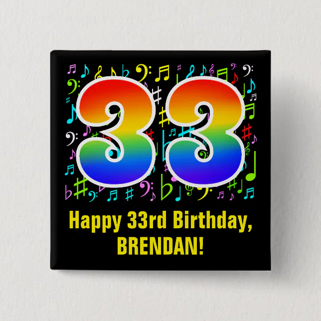 33rd Birthday: Colorful Music Symbols, Rainbow 33 Button | Zazzle