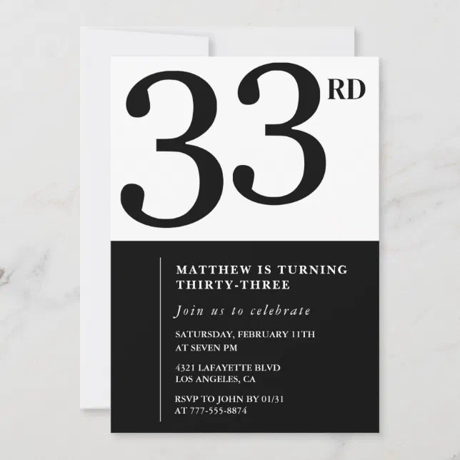 33rd birthday invitation Black White Man | Zazzle
