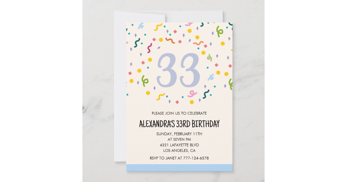 33rd birthday invitation Confetti | Zazzle