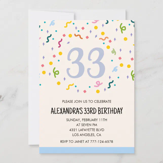 33rd birthday invitation Confetti | Zazzle