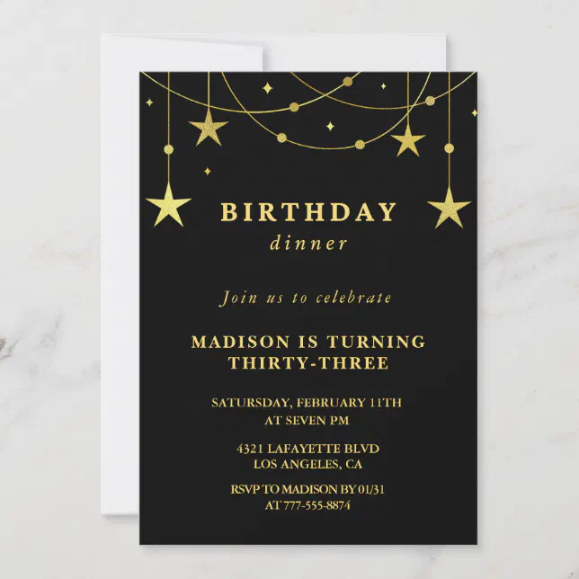 33rd birthday invitation Gold Black Stars | Zazzle