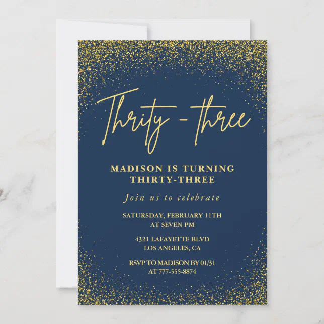 33rd birthday invitation Gold Blue Glitter | Zazzle
