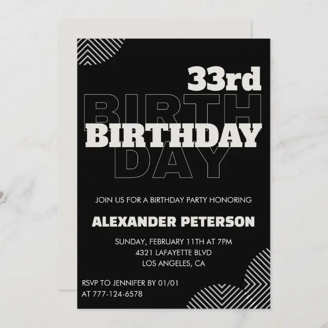 33rd birthday invitation Men Black | Zazzle