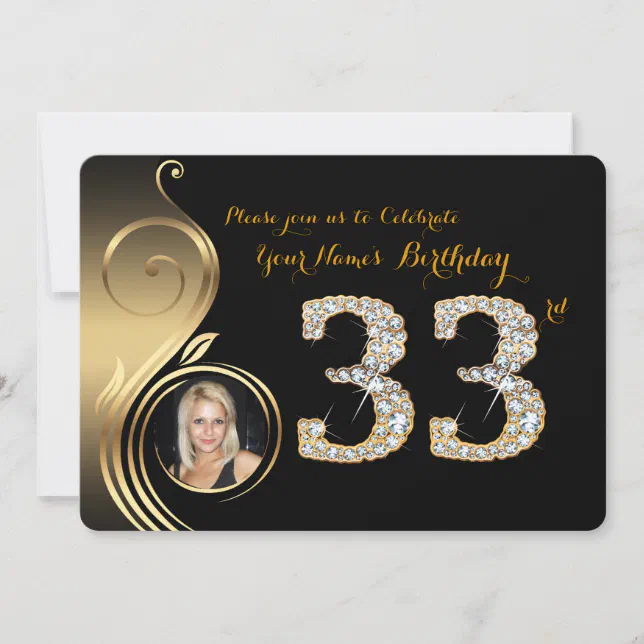33rd,Birthday Invitation,Number Diamond,Photo 2 Invitation | Zazzle