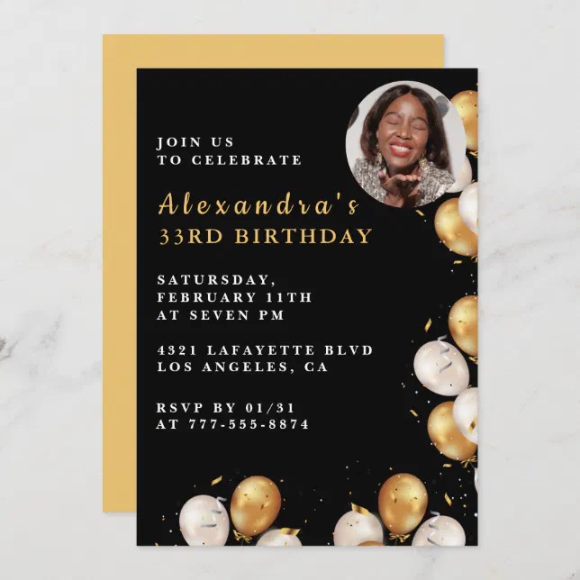 33rd birthday invitation Photo Balloon Black Gold | Zazzle