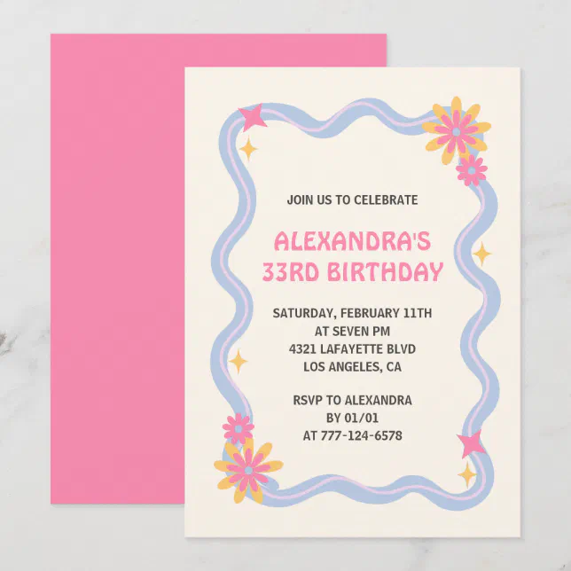 33rd birthday invitation Retro Groovy Pink Flowers | Zazzle