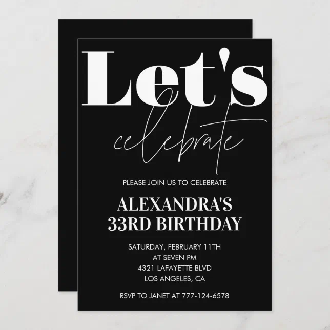 33rd birthday invitation Typography Black White | Zazzle
