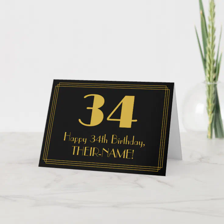 34th Birthday: Art Deco Inspired Look "34" + Name Card | Zazzle