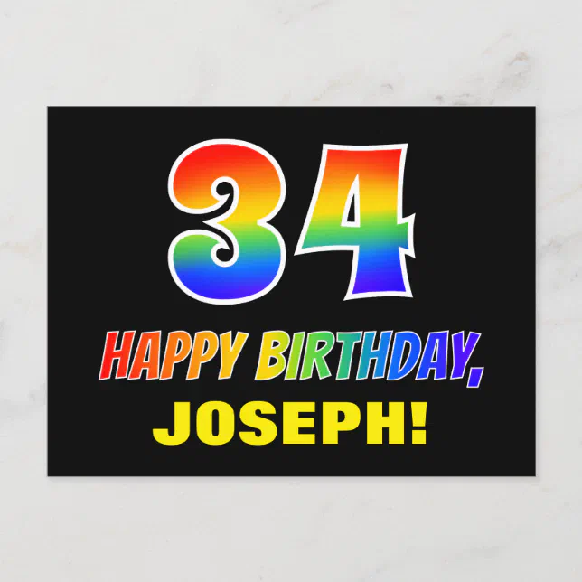 34th Birthday: Bold, Fun, Simple, Rainbow 34 Postcard | Zazzle