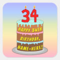 34th Birthday: Fun Cake and Candles + Custom Name Square Sticker | Zazzle