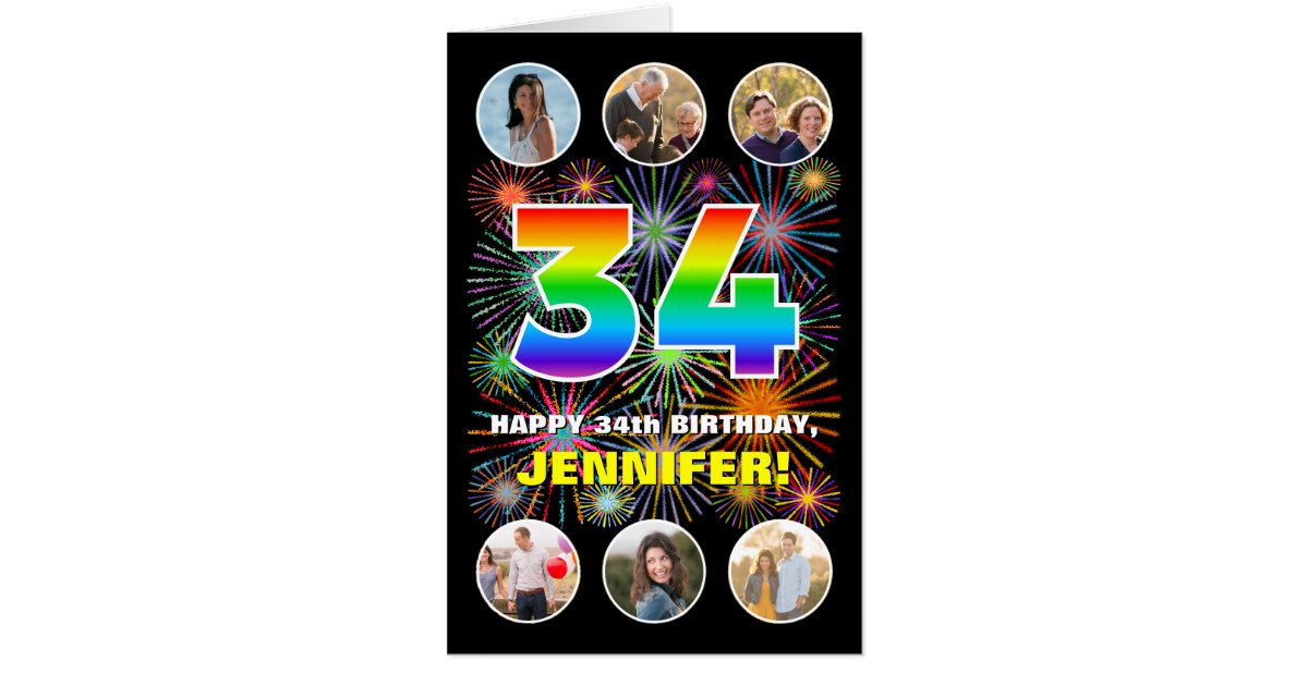 34th Birthday: Fun Rainbow #, Custom Name + Photos Card | Zazzle