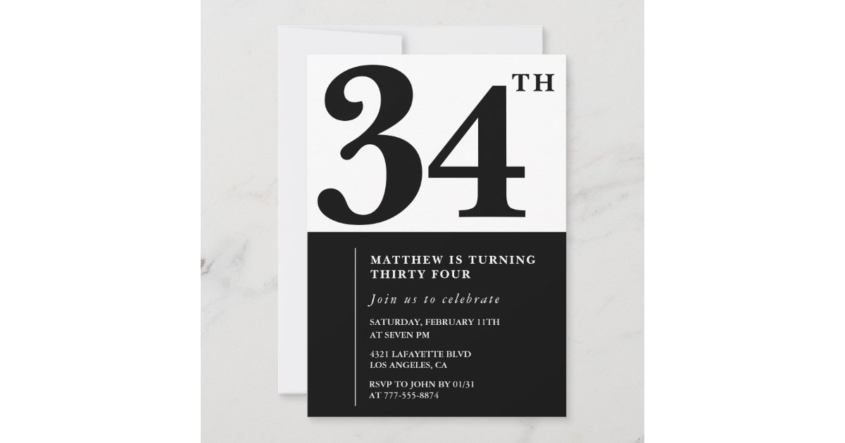 34th birthday invitations Black and White Elegant | Zazzle