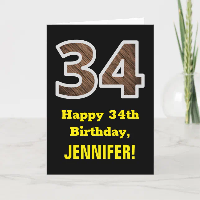 34th Birthday: Name, Faux Wood Grain Pattern "34" Card | Zazzle