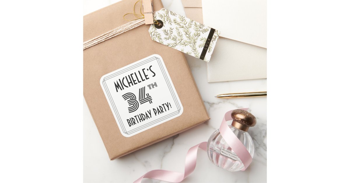 34th Birthday Party: Art Deco Style + Custom Name Square Sticker | Zazzle
