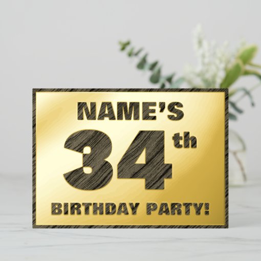 34th Birthday Party — Bold, Faux Wood Grain Text Foil Invitation | Zazzle