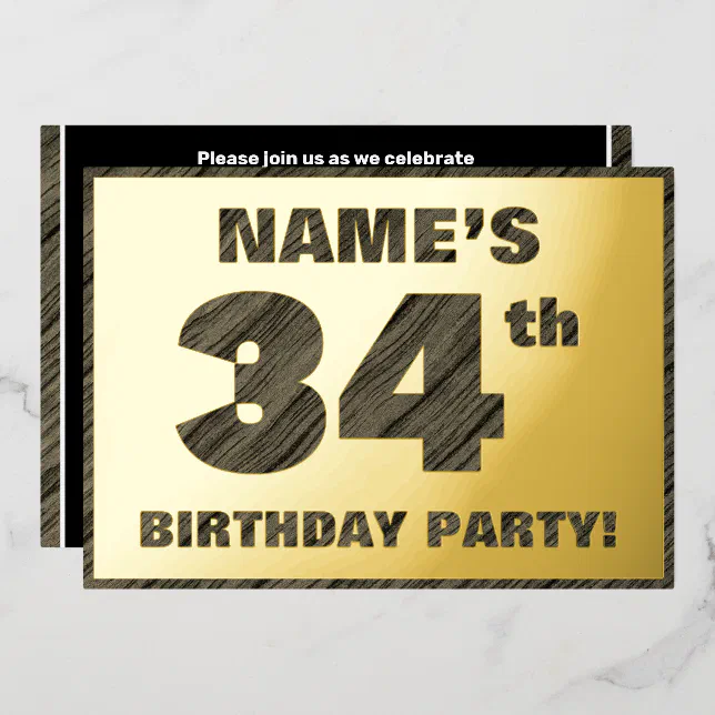 34th Birthday Party — Bold, Faux Wood Grain Text Foil Invitation | Zazzle