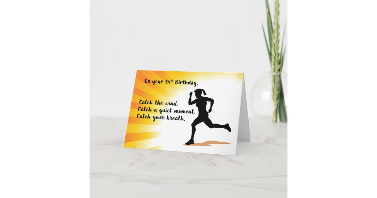 34th Birthday Woman Running Sunburst Background Card | Zazzle